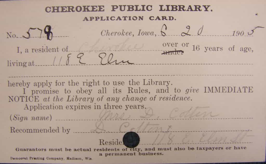 1905, Jun. 20, Library Card Application – Carnegie Libraries in Iowa ...