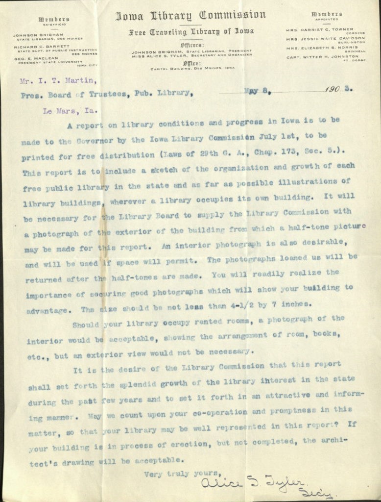 1903, May 8, Alice Tyler Photo Request Letter, subsequent page is ...