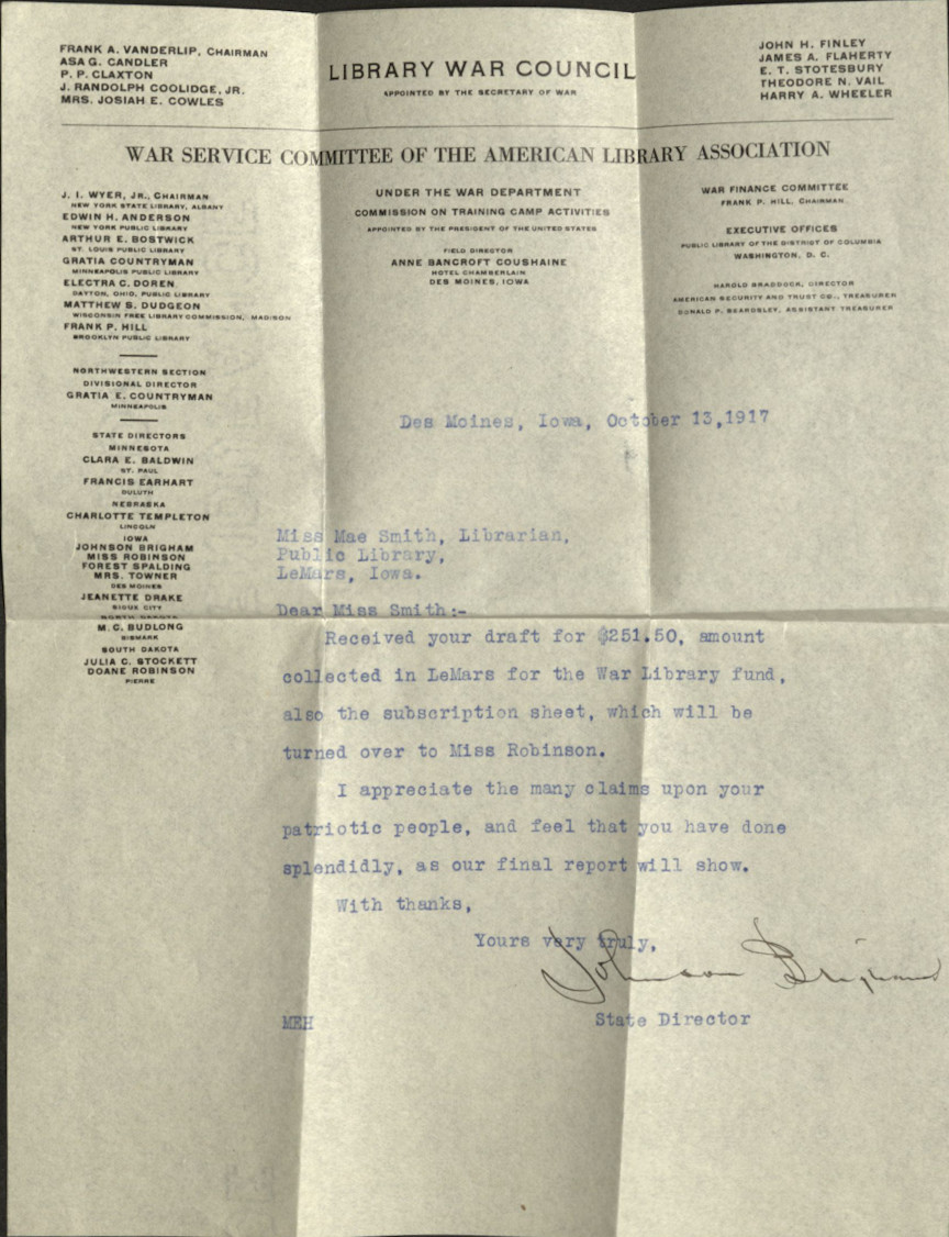 1917, Oct. 13, War Library Letter – Carnegie Libraries in Iowa Project